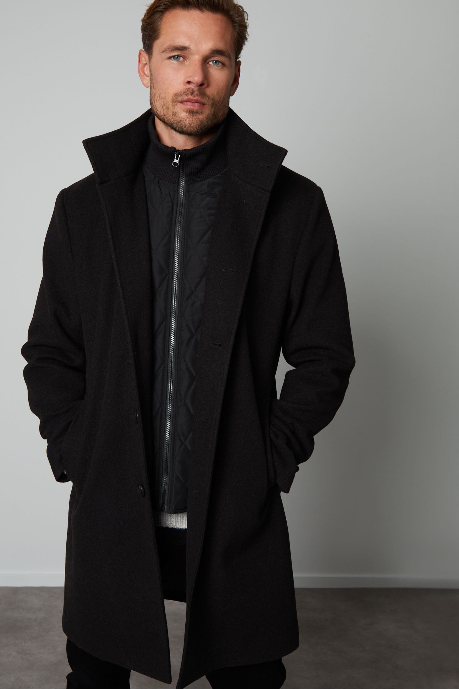 Buy Threadbare Black Luxe Funnel Neck Coat with Mock Layer from the ...