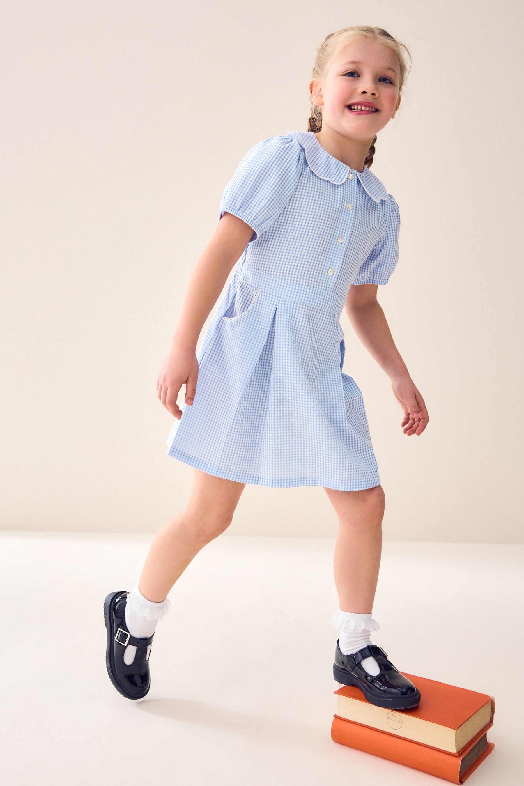 Buy Blue Cotton Rich Scalloped Collar Gingham School Dress (3-14yrs ...