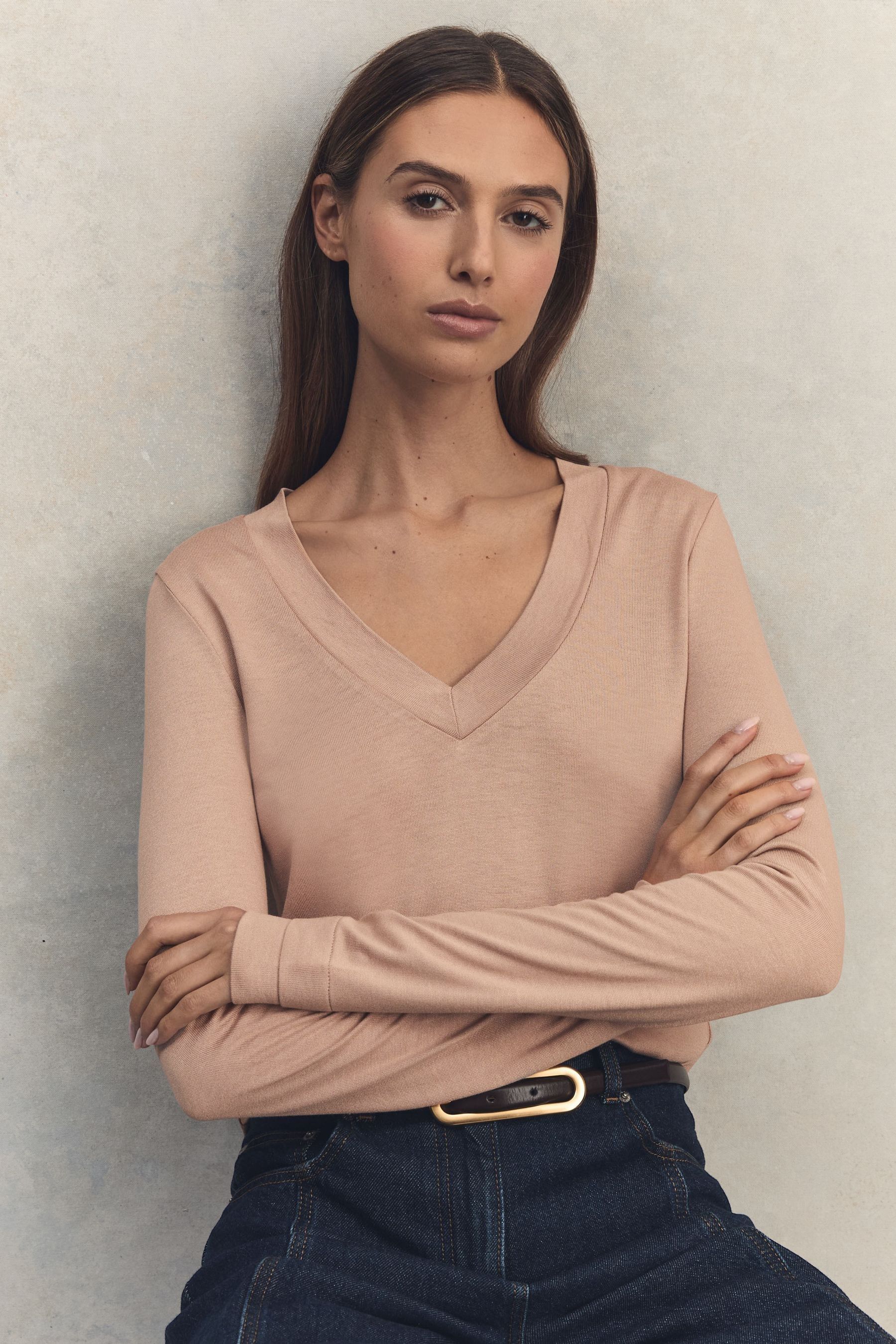 Buy Reiss Camel Brady Jersey V-Neck Top from Next Ireland