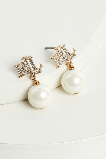 Buy Lauren Ralph Lauren Gold & Crystal Logo Pearl Drop Earrings from ...