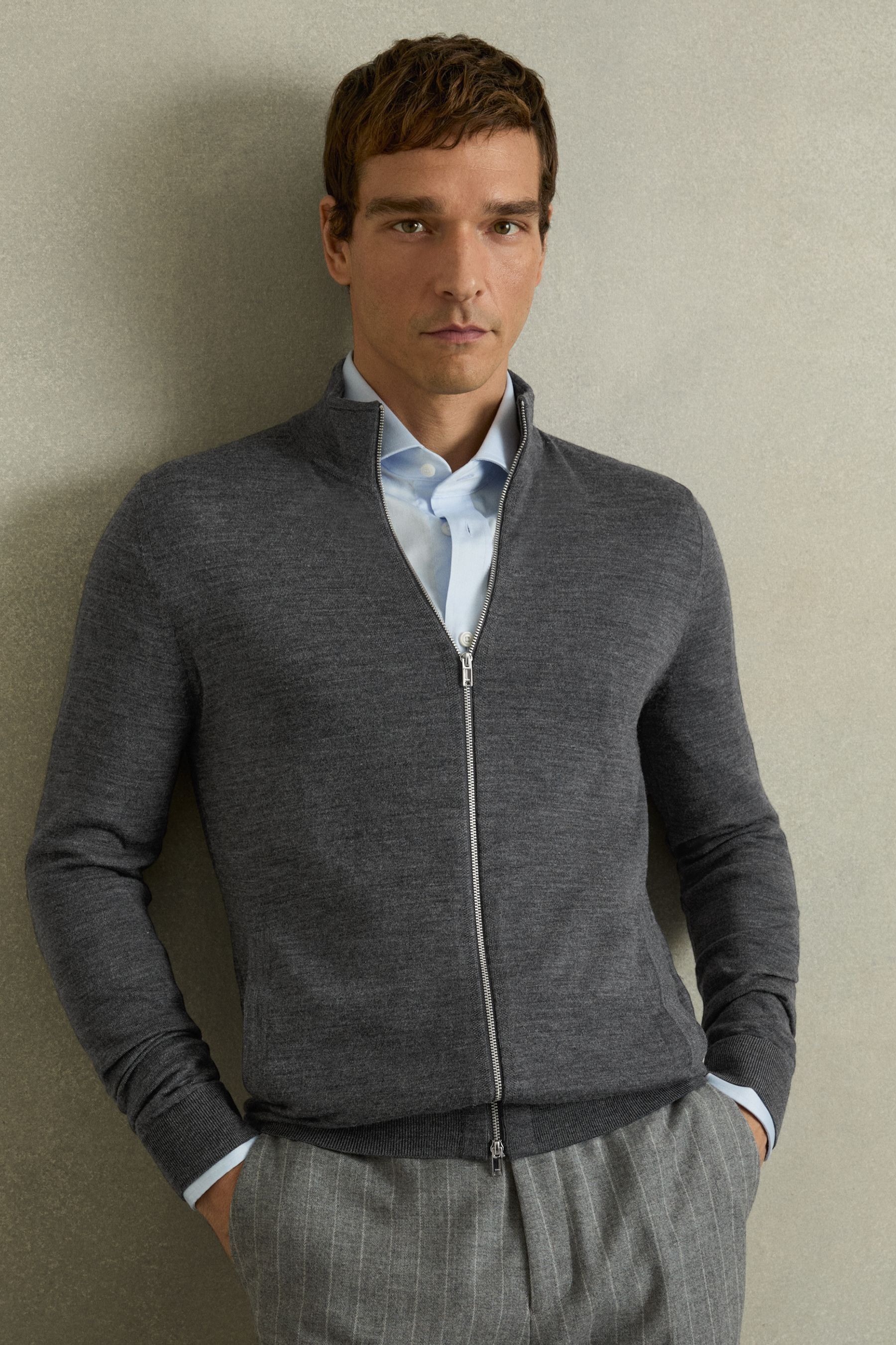 Buy Reiss Derby Grey Marl Hampshire Merino Wool Funnel-Neck Cardigan ...