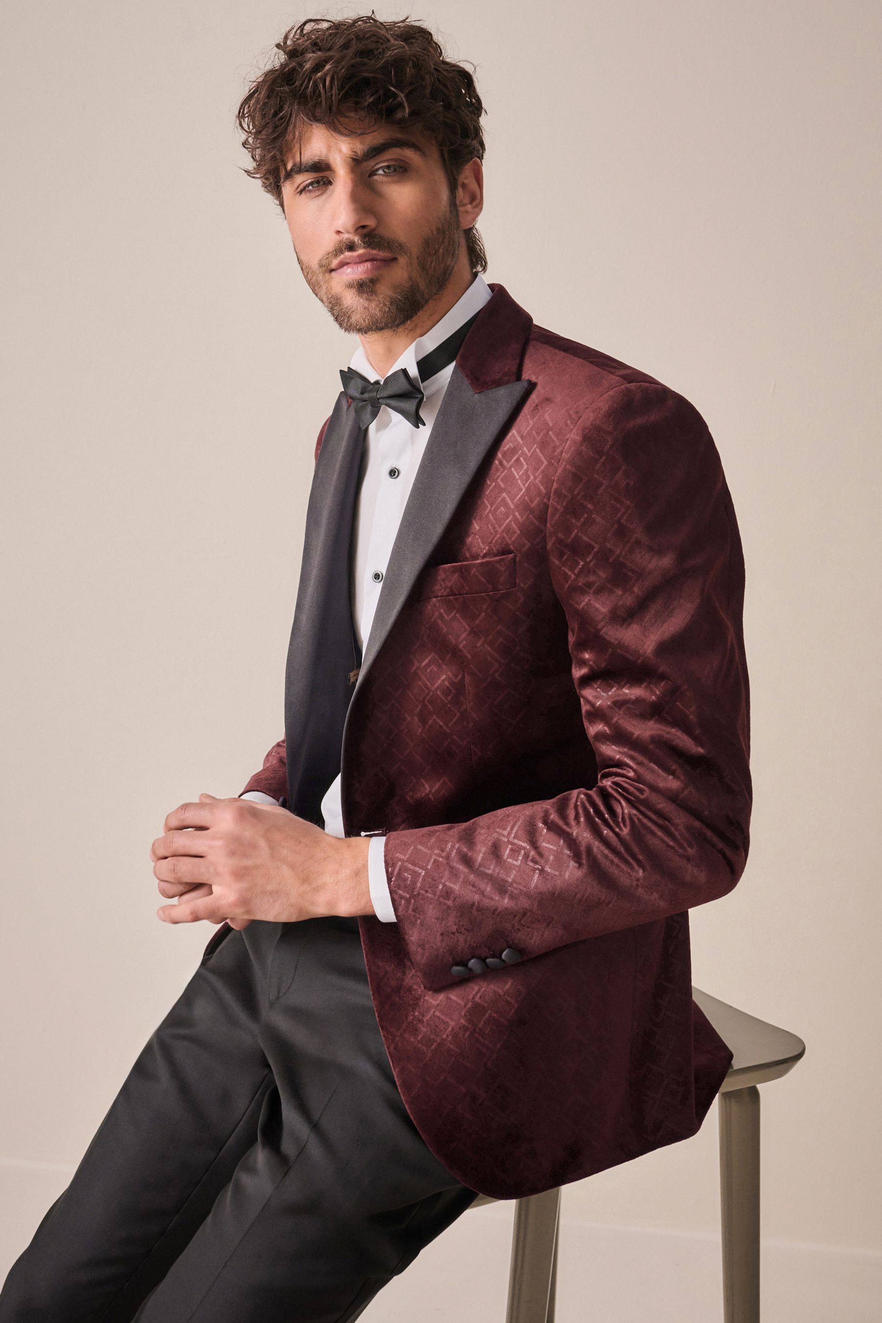 Buy Burgundy Red Slim Fit Slim Fit Patterned Velvet Blazer from the ...