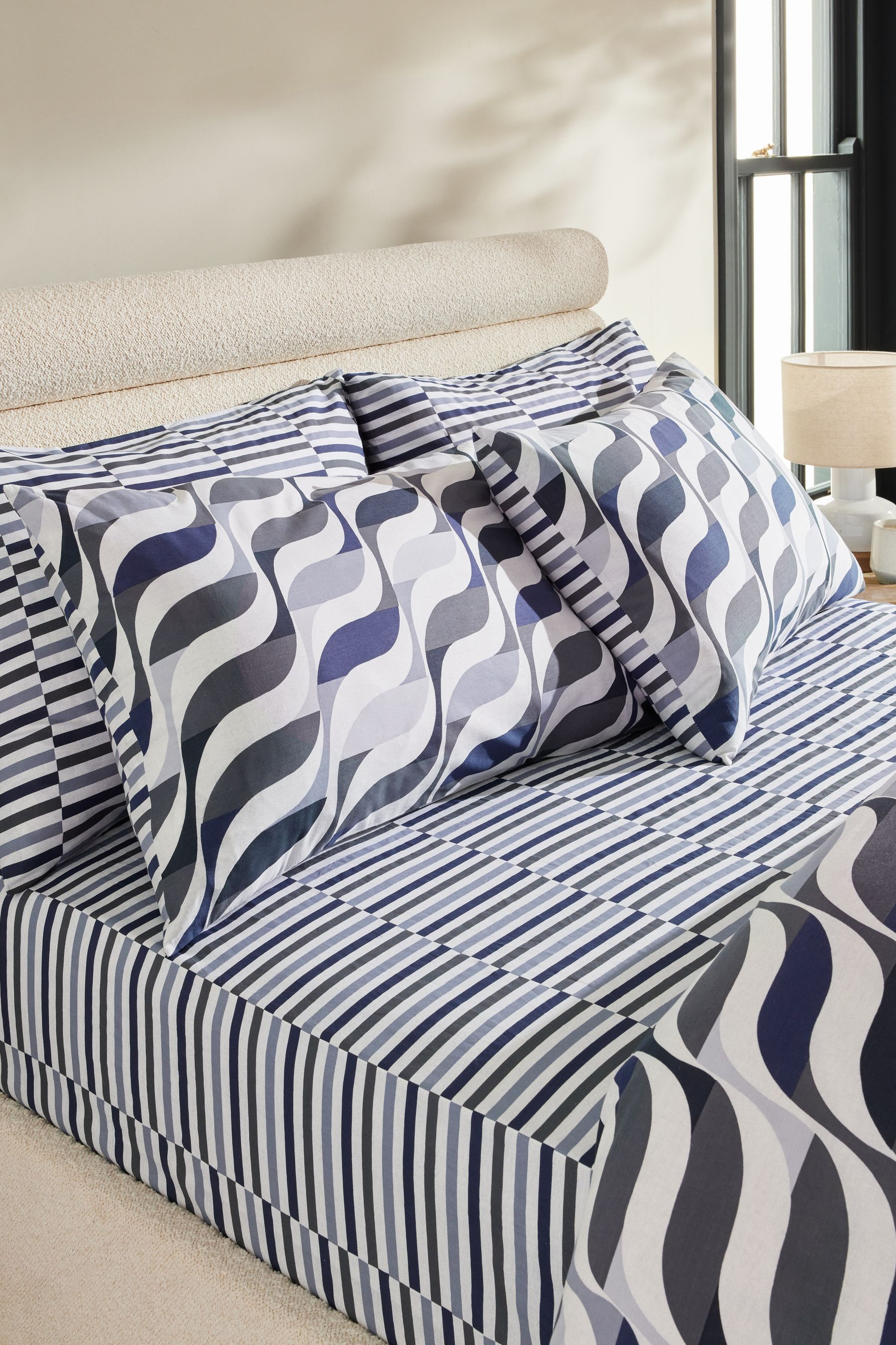 Buy Blue Stripe 100% Cotton Printed Fitted Sheet And Pillowcase Set ...