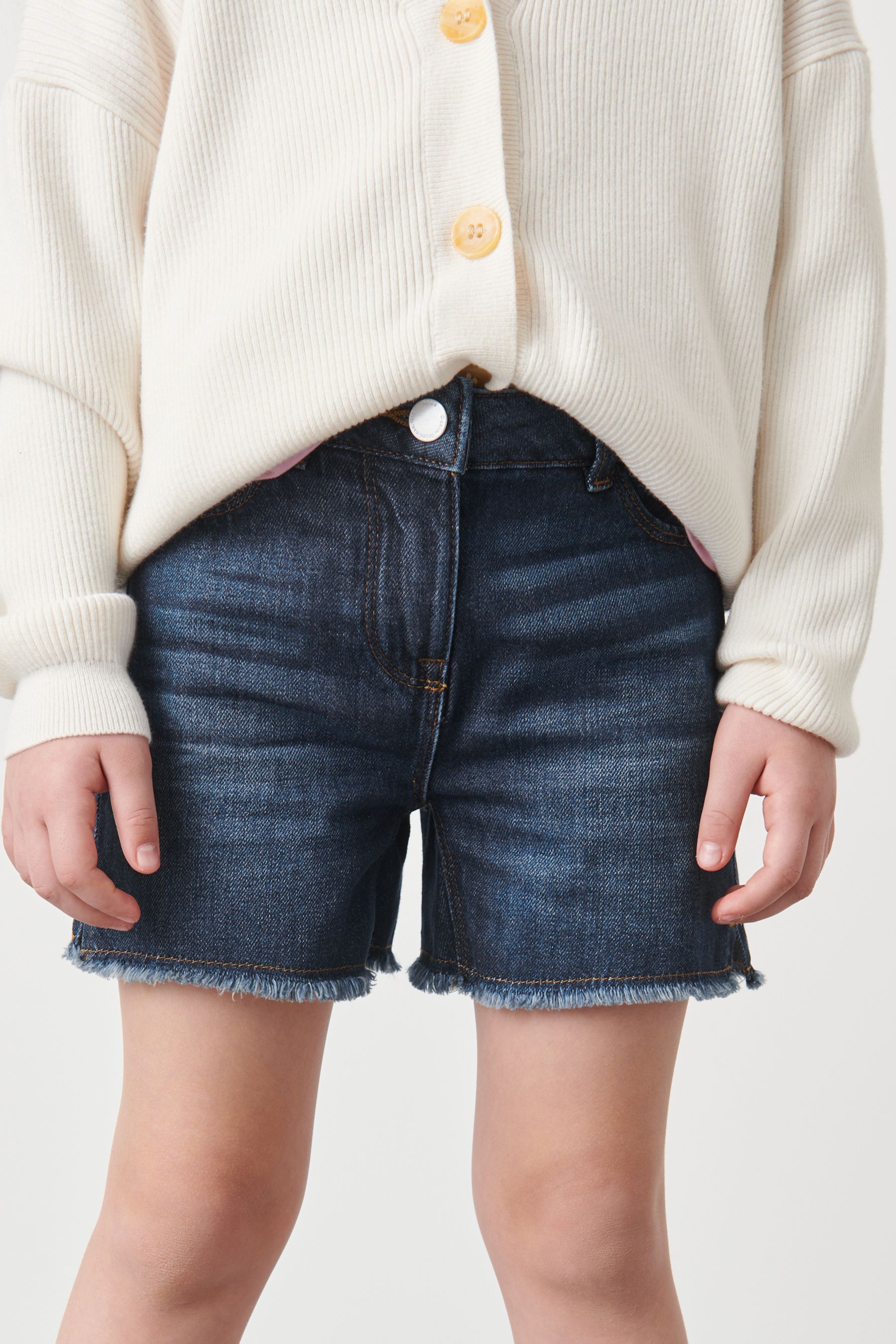 Buy Dark Blue Longer Length 100% Cotton Frayed Edge Denim Shorts (3 ...