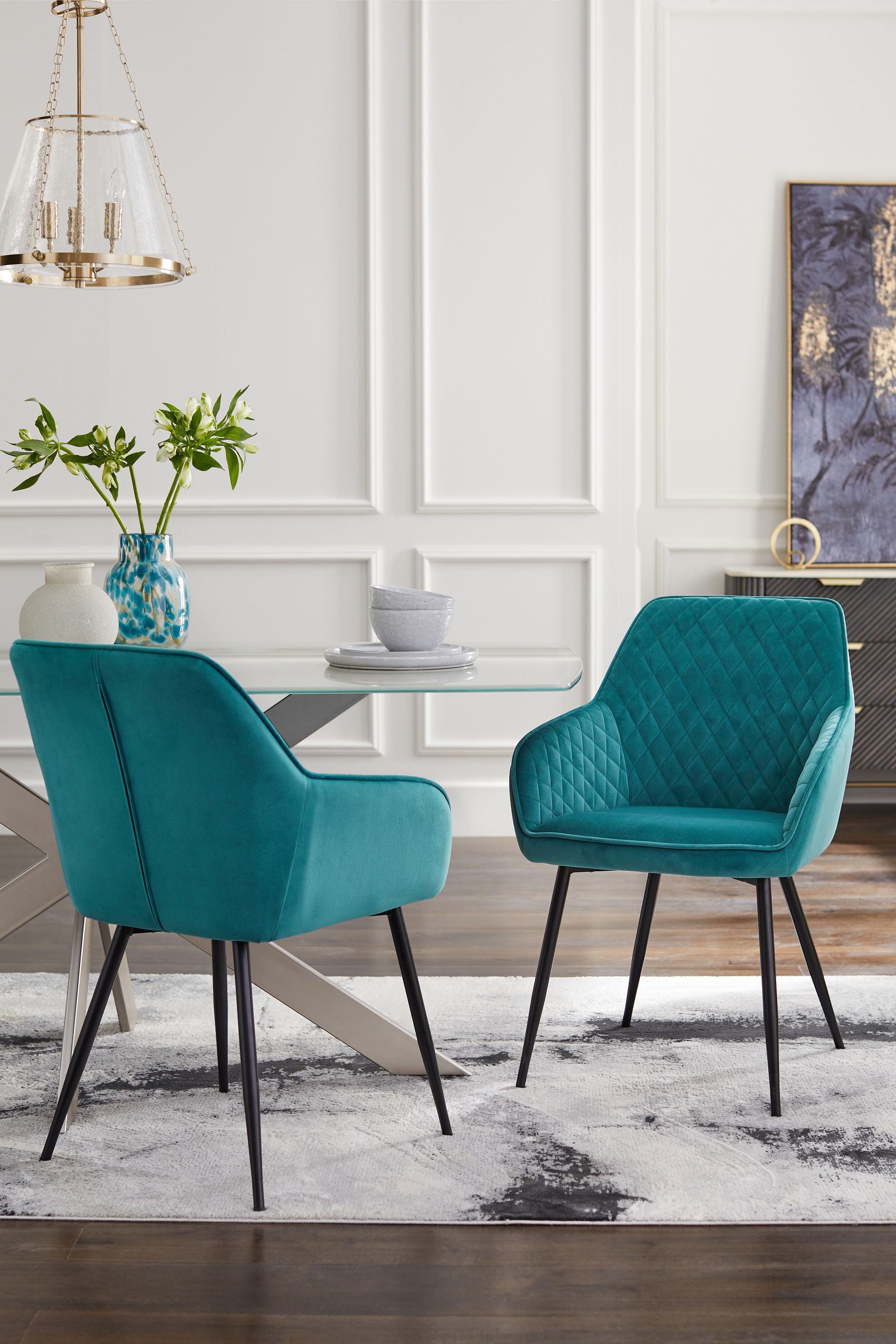 Buy Set of 2 Soft Velvet Teal Blue Hamilton Black Leg Quilted Dining ...