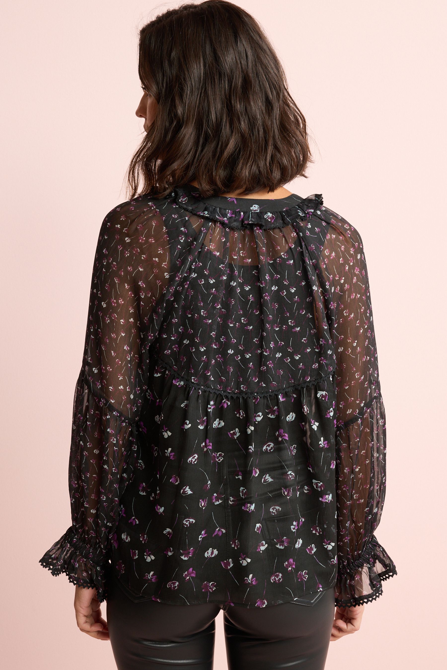 Buy Black Floral Long Sleeve V Neck Sheer Blouse With Lace Trim Detail