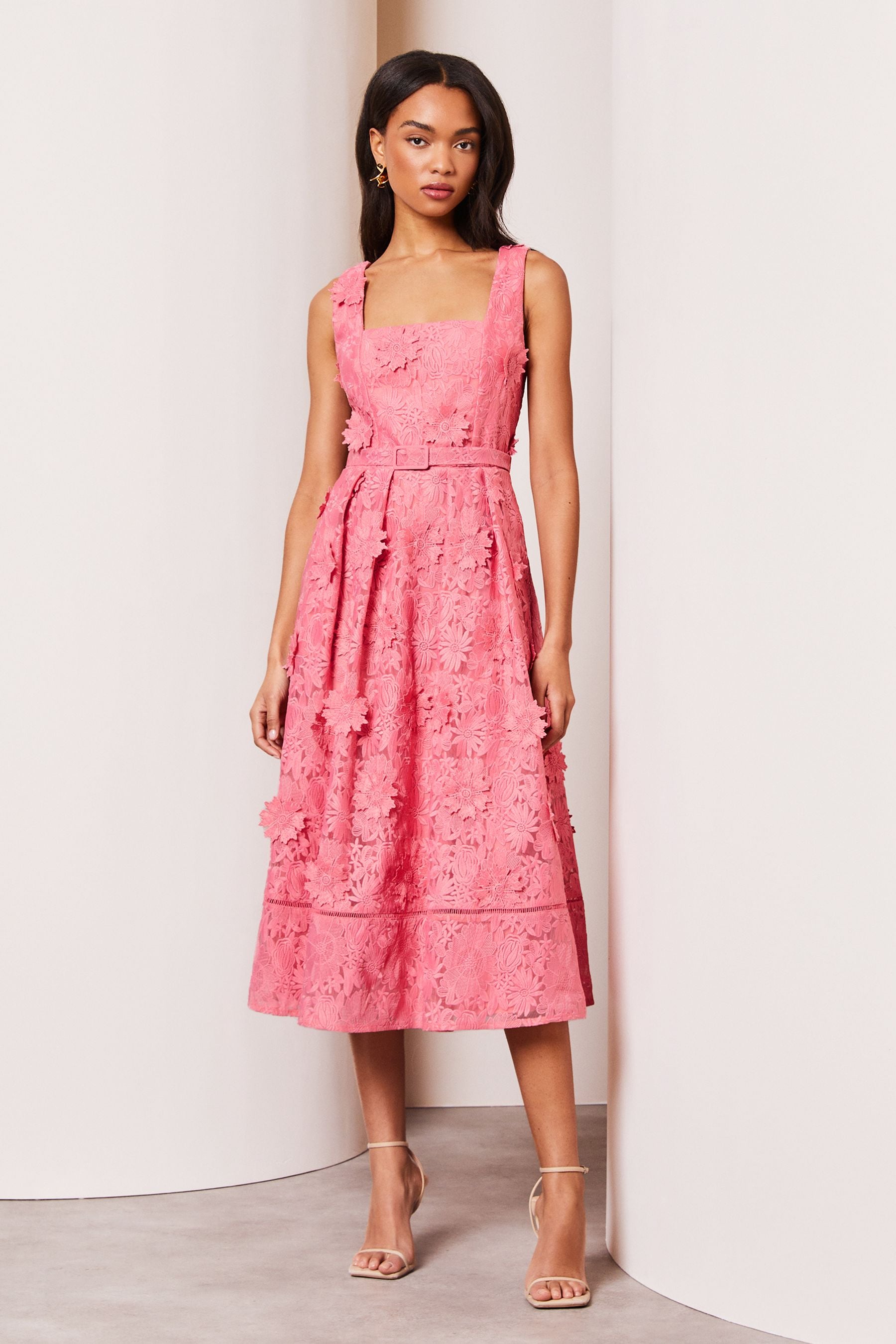 Buy Lipsy Pink Premium 3D Lace Embroidery Floral Midi Prom Dress from ...