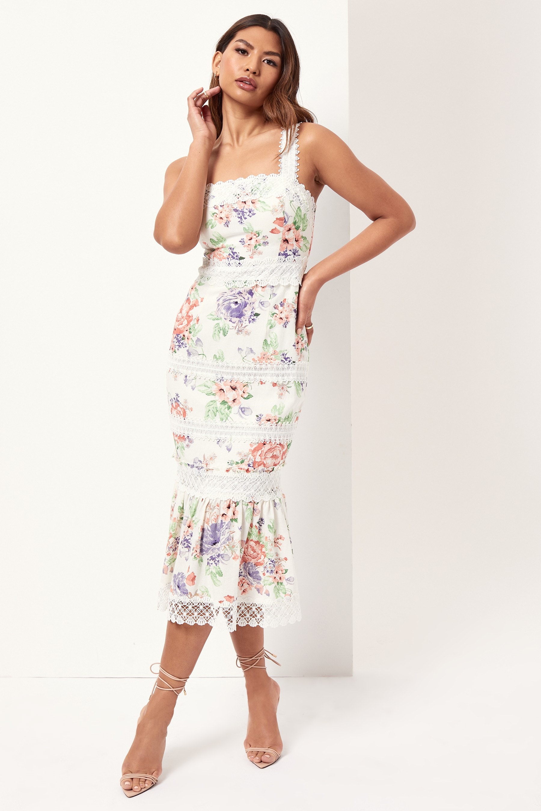 Buy Lipsy Floral Lace Trim Linen Midi Dress From The Next Uk Online Shop
